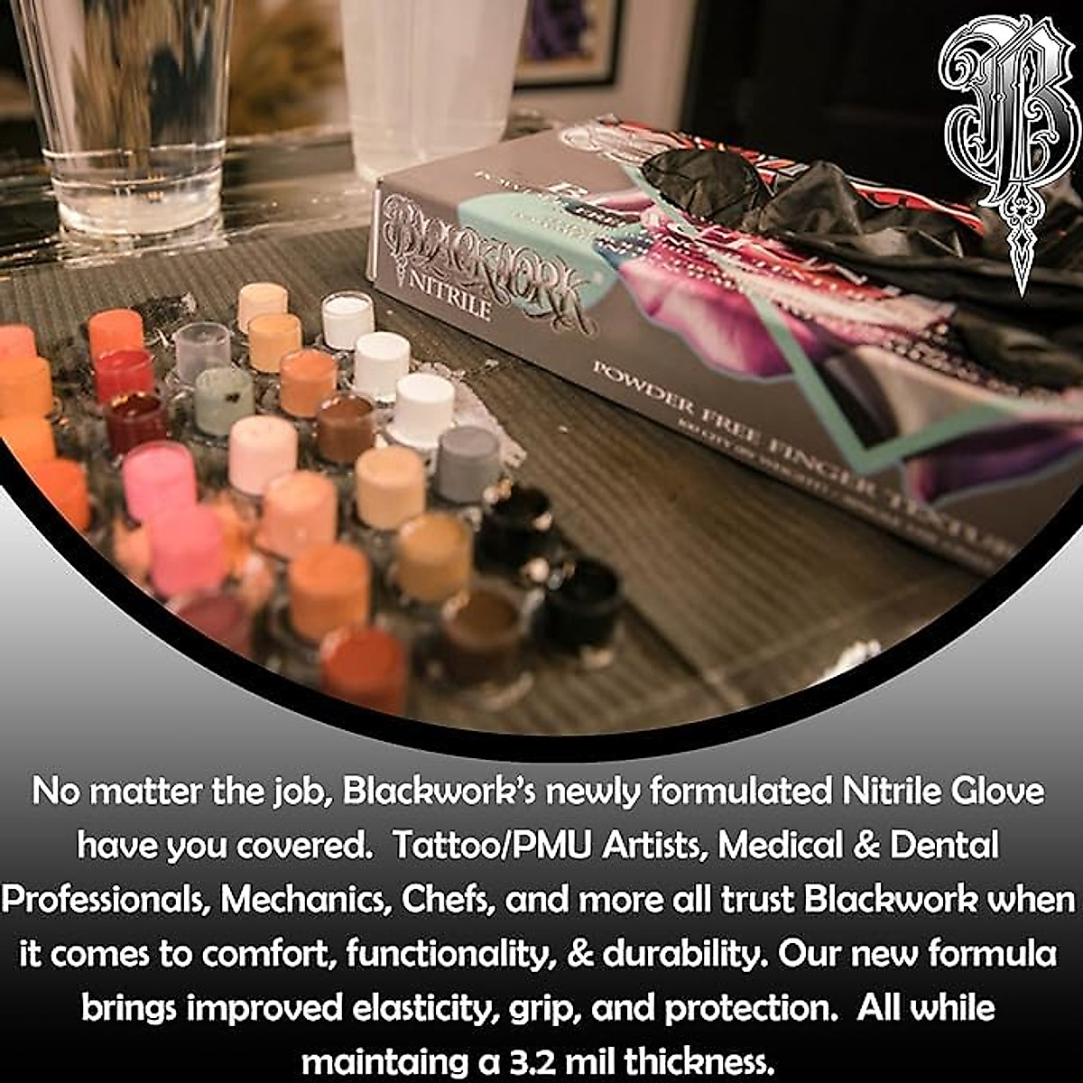 Blackwork Black Nitrile Exam Gloves - Large, Pack of 100 - Latex- & Powder- Free, Disposable, Comfrtable & Durable for Extended Wear - Tattoo, PMU, Medical, & Dental Gloves