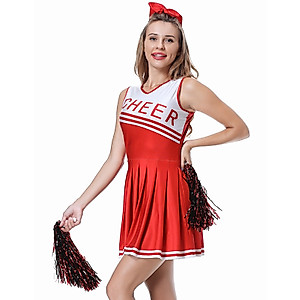 GRAJTCIN Womens Cheerleader Costume High School Girl Halloween Party Cheerleading Outfit with Pom Pom(Large, Red)