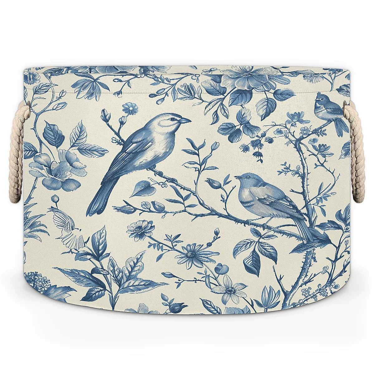 Xosoxruk Blue Birds Branches Round Storage Basket, Collapsible Circle Storage Bin with Rope Handle, Toy Blanket Storage Organizer Decor for Living Room Laundry Room