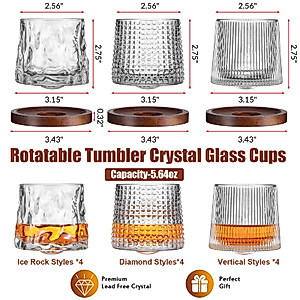 12 Pieces Whiskey Glasses Set Rotatable Old Fashioned Glasses with Creative Walnut Coasters, Whiskey Gifts for Men Husband Father's Day, Bourbon Glass Cups for Drinking Cocktails, Cognac