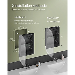 VASAGLE Medicine Cabinet with Mirror and Lights, Wall-Mounted Bathroom Wall Cabinet with Charging Station, 2 AC Outlets, 2 USB-A Ports, Rounded Rectangle, Adjustable Shelf, Black UBBK127B02