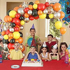 FEYG Yellow Orange Balloon Arch Kit, Black and Red Balloon Garland Kit, 83Pcs Balloon Garland Arch Kit with Confetti Balloons Metallic Silver Balloons for Outdoor Indoor Party Decoration Supplies