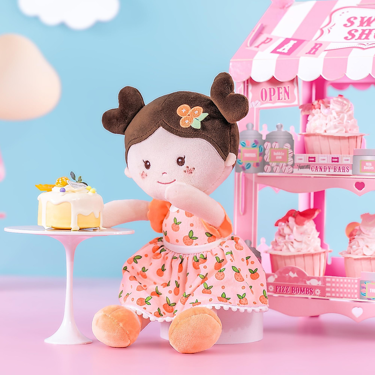 Onetoo Baby Doll Soft Baby Doll Girls First Baby Doll Sleeping Cuddle Buddy Doll Plush Rag Doll for Girls Wear Orang Dress 14"