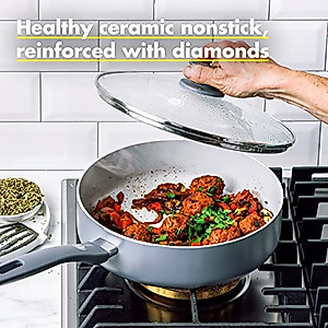 GreenPan Dover Healthy Ceramic Nonstick, 3QT Saute Pan Jumbo Cooker with Lid, PFAS-Free, Dishwasher Safe, Comfort Grip Handle, Grey