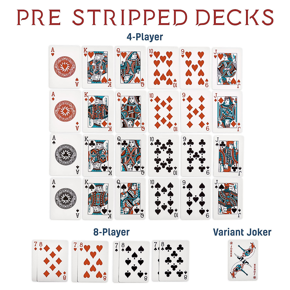Brybelly Euchre Card Game - 2 Specialty Decks Pre-Stripped to 33 Cards for Classic American Euchre or 32 Card 6-Player Variant - Custom Bower Jacks Card Art and Blank Counter Cards Included
