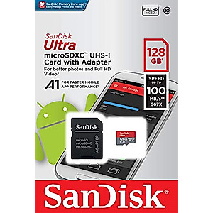 SanDisk 128GB Ultra MicroSDXC UHS-I Memory Card with Adapter - 100MB/s, C10, U1, Full HD, A1, Micro SD Card - SDSQUAR-128G-GN6MA