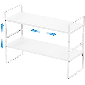 GEDLIRE Expandable Kitchen Cabinet Shelf Organizers 2 Pack, Stackable Metal Pantry Storage Shelves Rack, Adjustable Counter Shelf for Cabinets, Countertop, Cupboard Organizers and Storage, White