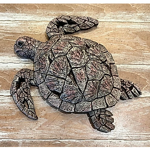 Sea Turtle Decorative Art Sculpture - Rustic Driftwood Finish - Nautical Ocean Beach Coastal Decor - Table Top or Wall Mount