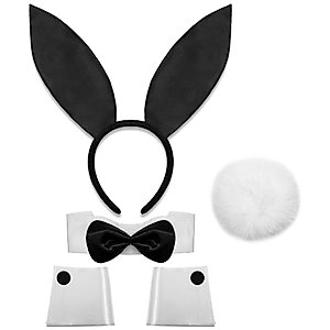 U-Goforst Women Bunny Costume Accessories Set, White and Black Bunny Ears Headband Collar Bow Tie Costume Cuffs Rabbit Tail for Adult Halloween Party