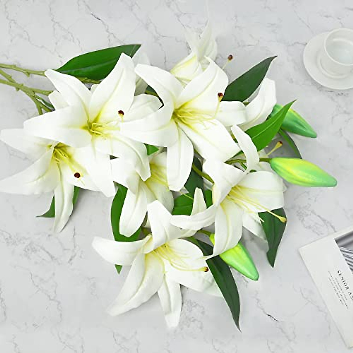 Shiny Flower 9 Heads Artificial Flower Bouquet Artificial Lily Flowers Fake Easter Tiger Lily Floral Arrangements Wedding Bouquets Home Office Garden Party Hotel Decoration 3 Pcs White 39.4 inch