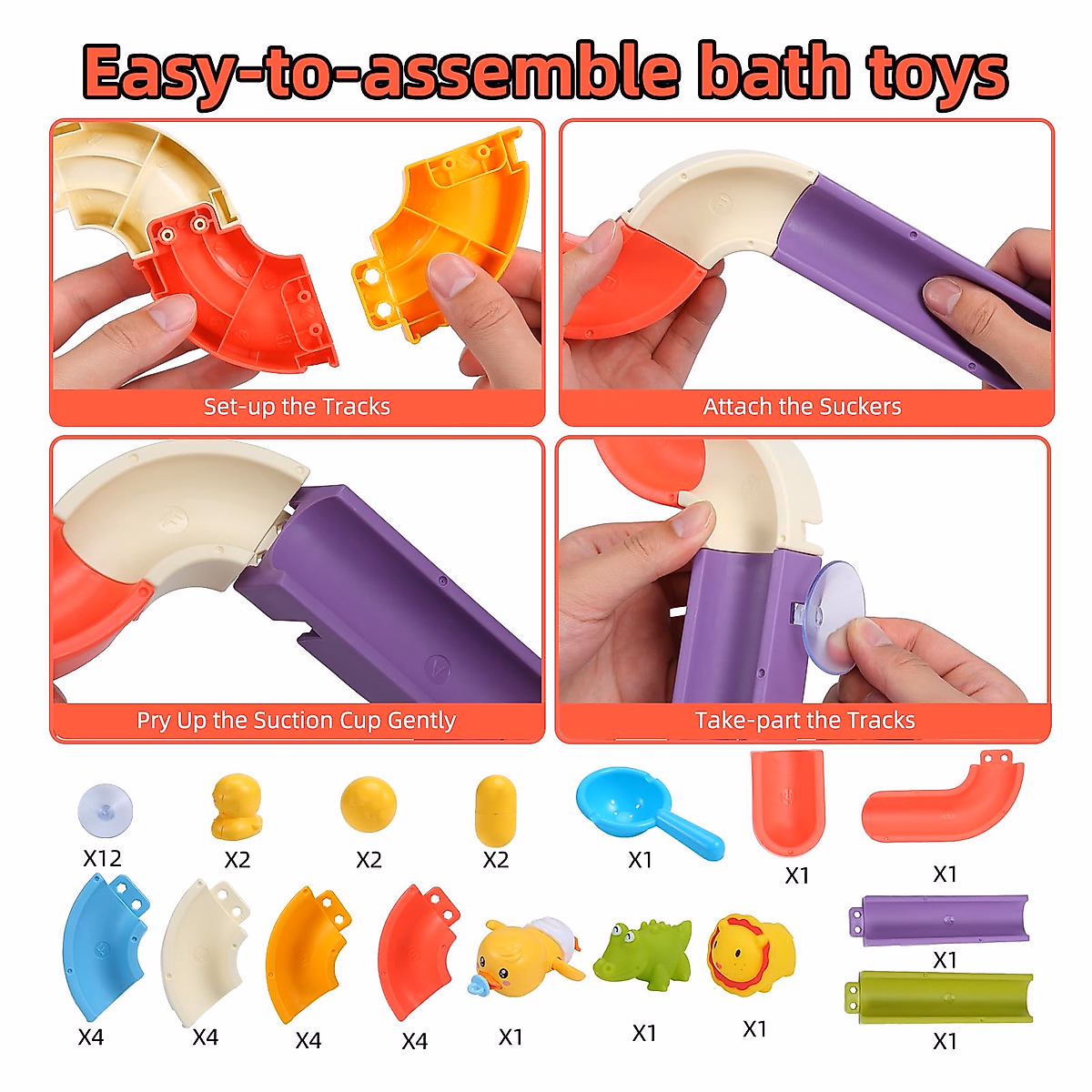 42 pcs Baby Bath Toy for Kids Ages 4-8 Toddlers, Wall Bathtub Toys Ball Track Shower Water Slide Take Apart Game, Baby Bath Toys with Wind-Up Duck, Birthday Gift for Children