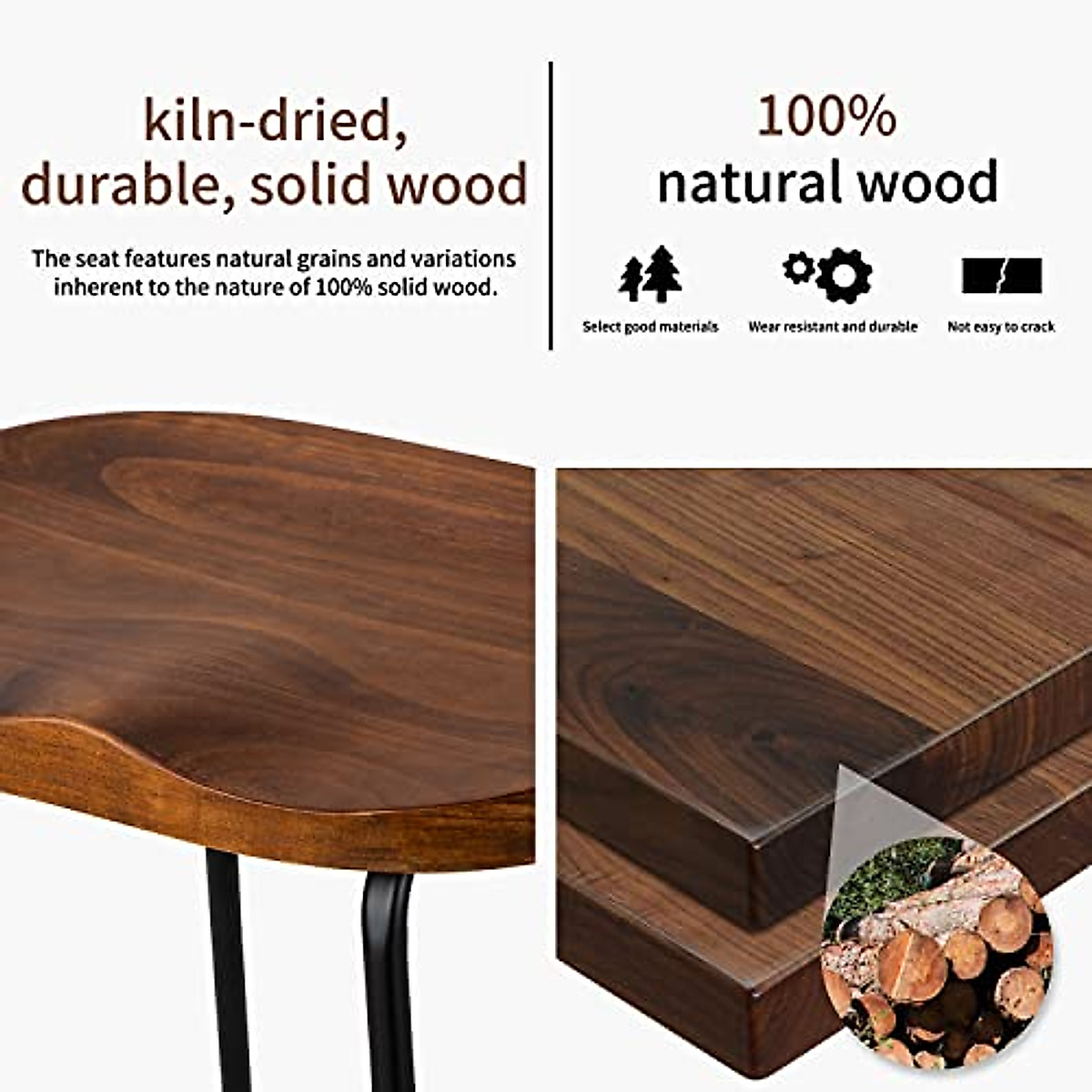 HeuGah Bar Stools, Solid Wood Barstools Set of 2, 30" Bar Height Bar Stools with Metal Leg, Rustic Backless Bar Stools for Kitchen Island, Bar Chairs with Solid Wood Saddle Seat (Walnut, 30 Inch)