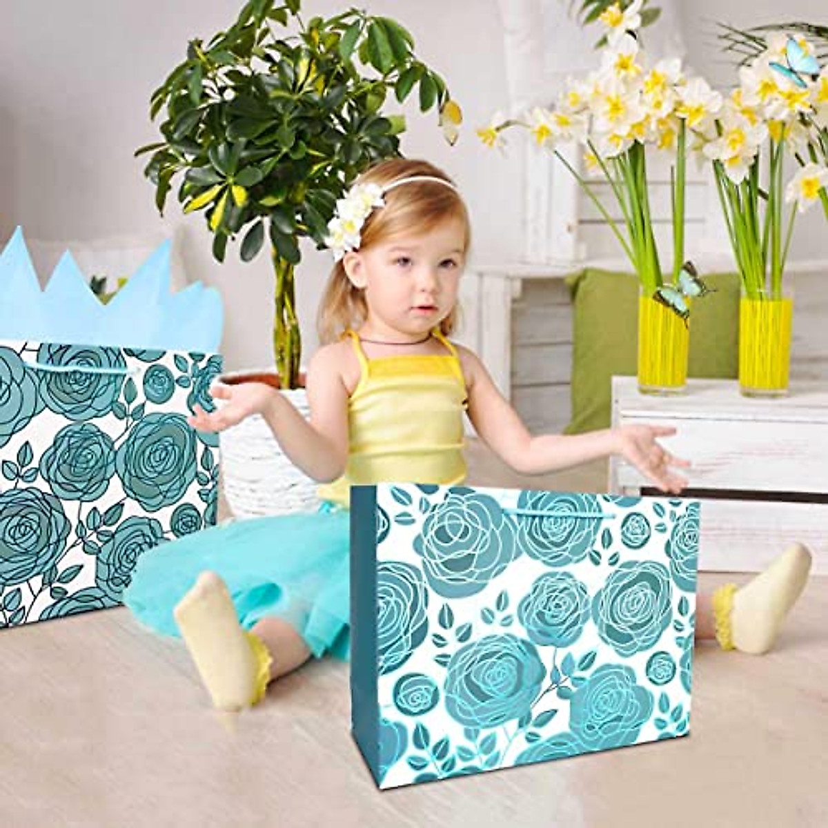 Rose Blue Large Gift Bag with Gift Card, Blue Tissue Paper, Envelope, and Sticker, for Parties, Birthdays, Mother's Day, Weddings, Retirements, Anniversaries, Any Occasion-Hot Stamping Blue Design