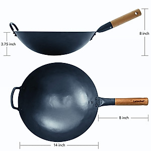 Letschef Preseasoned Carbon Steel Wok 14 Inches Hand Hammered Chinese Traditional Wok and Stir Fry Pan Round Bottom with Bamboo Handle PFOA Free Cookware