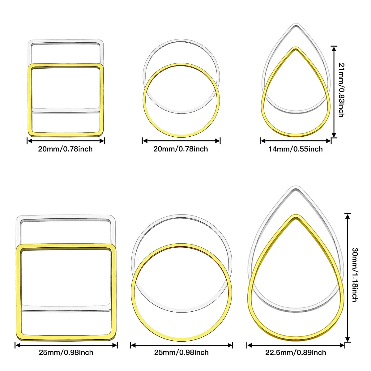 120Pcs Earring Hoop Jewelry Making 3 Shapes Earring Finding Hoop Hypoallergenic Teardrop Square Round Circle Hoop Earring Bulk Open Bezel Pendant Frame for DIY Earring Making Supplies(Gold Silver)
