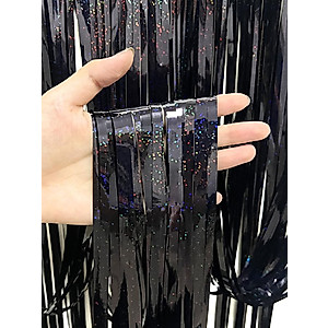 3 Pack 3.3x8.2 Feet Foil Fringe Curtains, Black Tinsel Streamers Backdrop Curtains for Birthday Party Decorations Photo Booth Props Baby Shower Bachelorette Graduation Engagement Gender Reveal