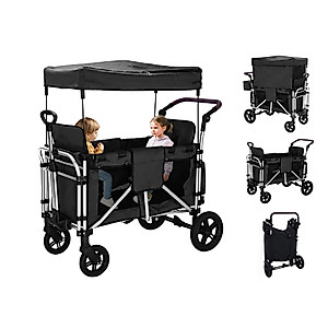 Stroller Wagon for 2 Kids, Wagon Cart Featuring 2 High Seat with 5-Point Harnesses and Adjustable Canopy, Foldable Push-Pull Rod Wagon Stroller for Garden, Stroller, Camping, Grocery Cart (Black-g)