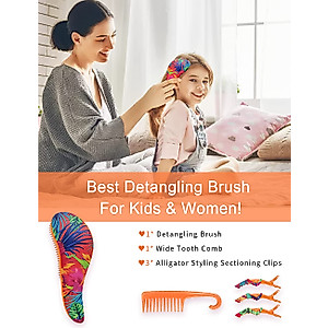 Detangling Hairbrush and Comb Set - Detangling Brush for Wet, Dry, Curly, Women & Kids Hair with Wide Tooth Comb and 3 Alligator Styling Sectioning Clips of Professional Hair Salon Quality (Tropica Plants)