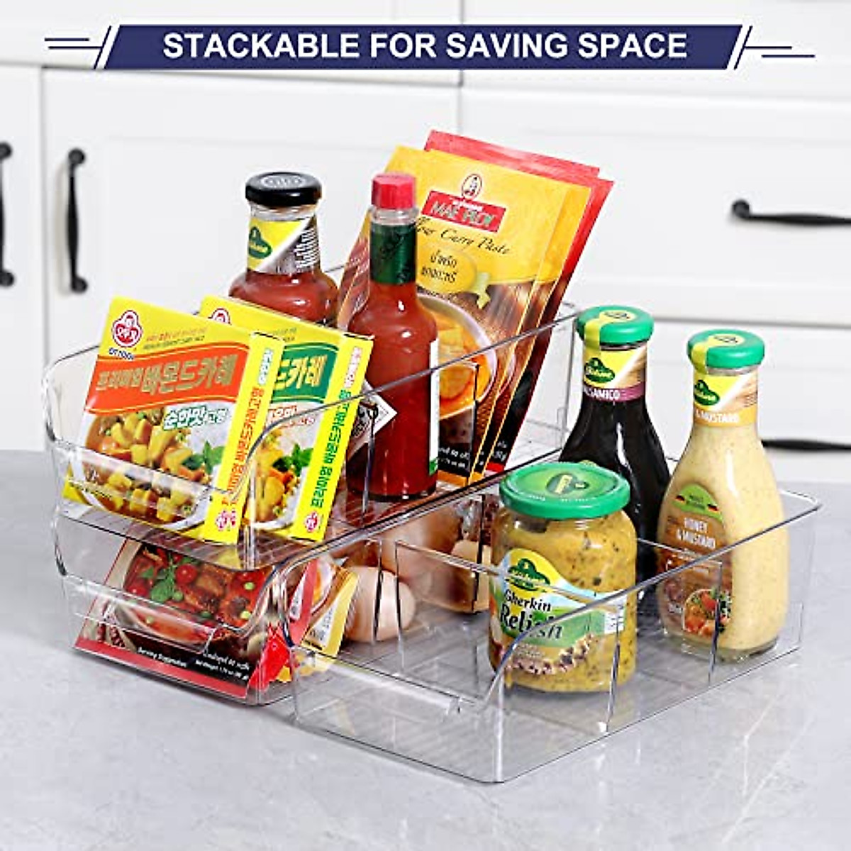 Set of 8, Stackable Clear Bins with Removable Dividers - Food Snack Organizer, Pantry Organization and Storage - Plastic Home Containers - Refrigerator, Fridge, Kitchen Cabinet Organizing Bins