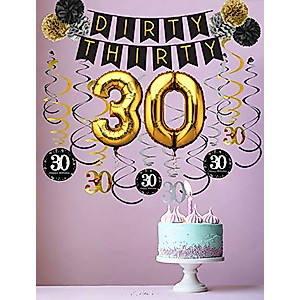 Dirty Thirty Banner with Pom Poms 30th Glittery Hanging Streamers 30 Years Old Balloons for 30th Happy Birthday Party Decorations Pack