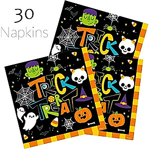 Serves 30 Complete Party Pack Cute Halloween Monsters and Ghosts 9" Dinner Paper Plates 7" Dessert Paper Plates 9 oz Cups 3 Ply Napkins 2 Table Cover Halloween Banner Halloween Party Decorations Halloween Party Supplies