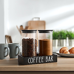 Glass Coffee Canister for Ground Coffee - 2Pcs 45oz Coffee and Sugar Container Set with Airtight Bamboo Lids and Black Tray - Farmhouse Coffee Bean Storage Jars for Coffee Bar Decor and Accessories