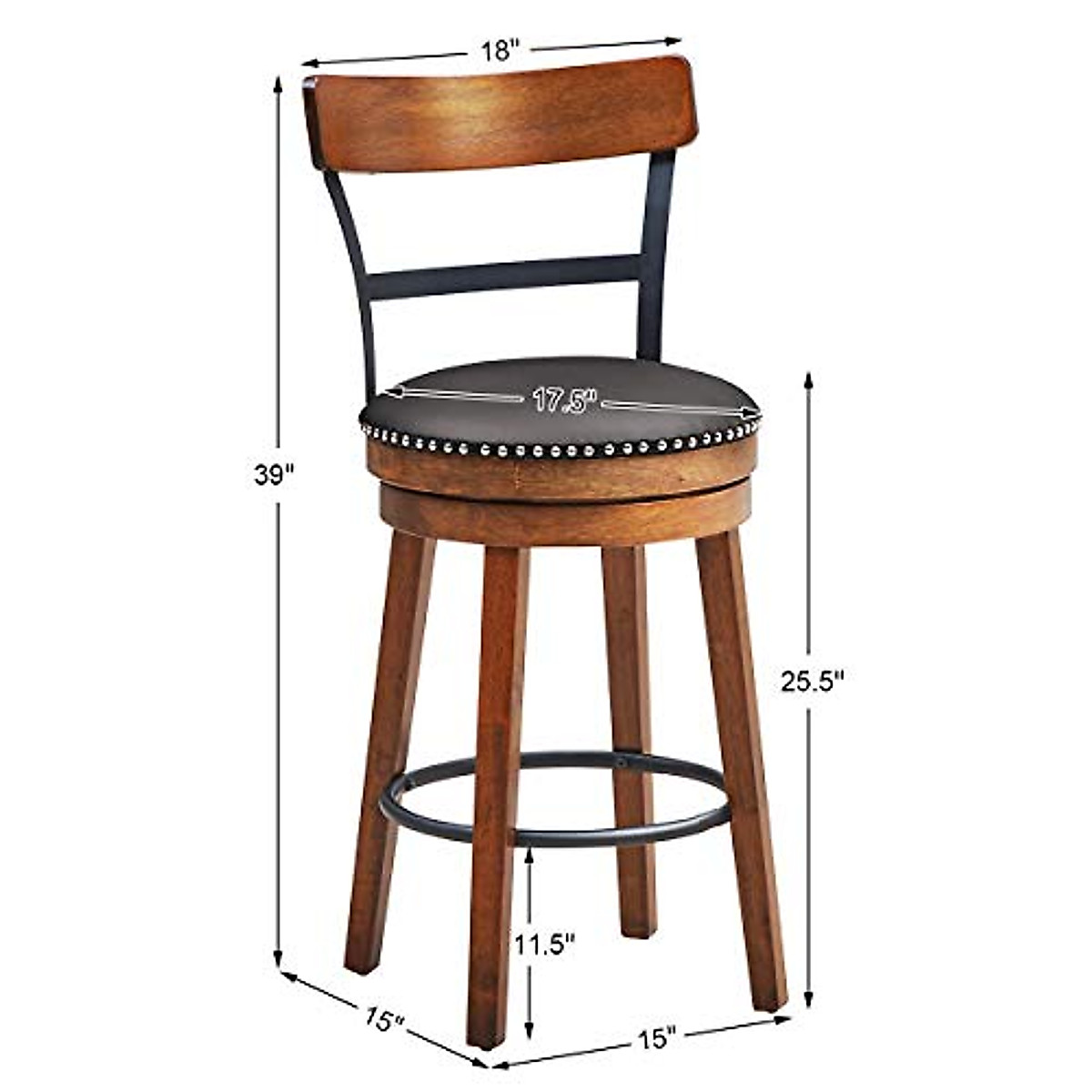 COSTWAY Bar Stools Set of 2, 360-Degree Swivel Stools with Leather Padded Seat, Single Slat Ladder Back & Solid Rubber Wood Legs, Counter Height Stools for Pub, Restaurant, Kitchen, Brown (2, 25.5)