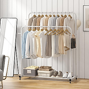 Laiensia Double Rods Garment Rack with Wheels, Clothing Rack for Hanging Clothes,4 Hooks, Multi-functional Bedroom Clothes Rack, White
