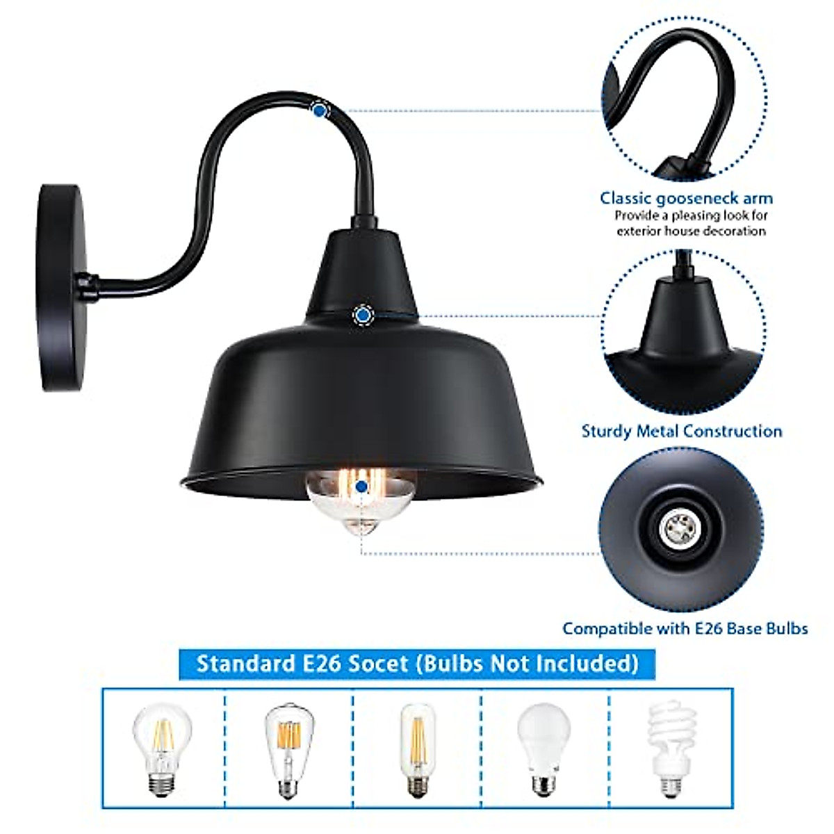 DOCIUEON Indoor Outdoor Wall Lights, 2 Pack Modern Farmhouse Gooseneck Barn Light, Exterior Lighting Fixture Outside Wall Sconce for Porch, Entryways, Patio,Garage