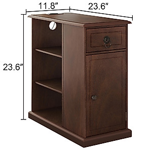 ChooChoo Farmhouse XXL End Table with Charging Station，Narrow Sofa Side Table with Adjustale Shelf, 3 Tier Rustic Night Stand for Small Place Living Room, Cherry Brown