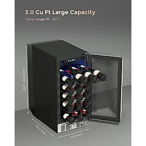 WATOOR 15 Inch Wine Cellar Refrigerator 30 Bottle Wine Cooler Lock Beverage Wine Center for Built-in & Free Standing | 36 F to 61 F Temperature Control l Stainless Steel Glass Door