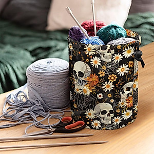 Sellikakes Daisy Skull Yarn Bag,Crochet Tote Knitting Bag Yarn Storage Organizer Holder Case for Crochet Hooks Needles Knitting Kit for Beginners