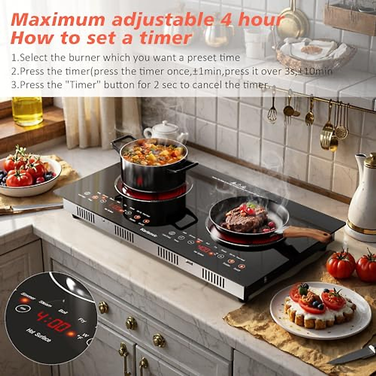 Karienvir 2 Burner Electric Cooktop 110v, 24 Inch Electric Stove Countertop & Built-in, Plug-in Electrics Cooktop, 8 Power Levels & 8 Functions, Touch Control, Safety Lock, Timer, 2000W, Karienvir