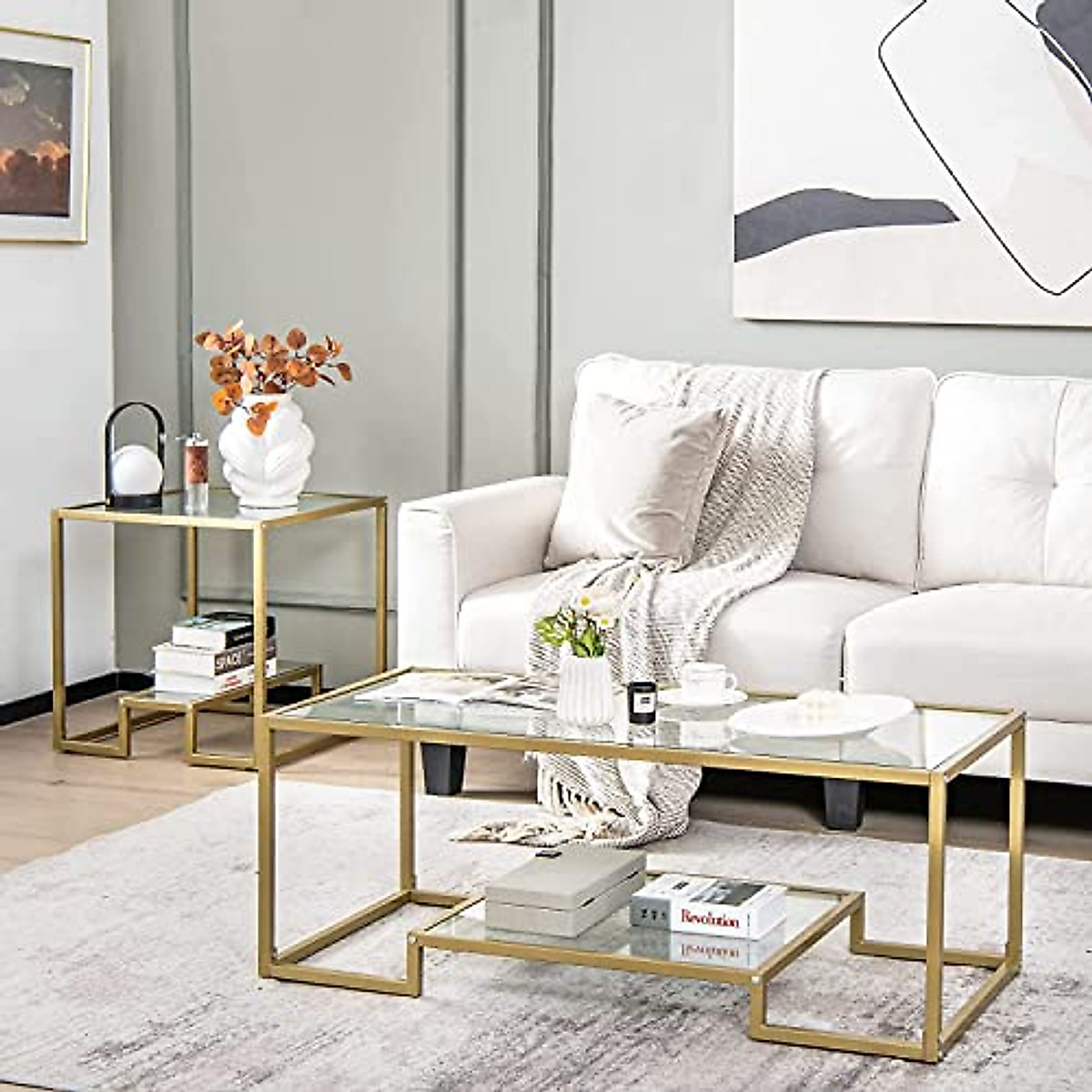 NAFORT Tempered Glass Coffee Table, 45 Inch Gold Rectangular Modern Center Table with Lower Storage Shelf, Sturdy Metal Frame, for Living Room Home Office/Gold