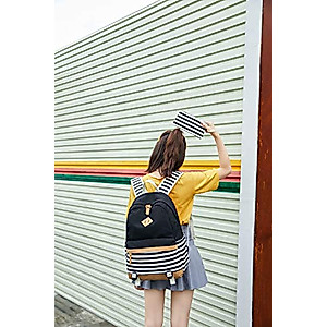 Gazigo Girls School Backpack Causal Canvas Stripe Backpack Cute Teen Backpacks For Girls School Bag (Black)