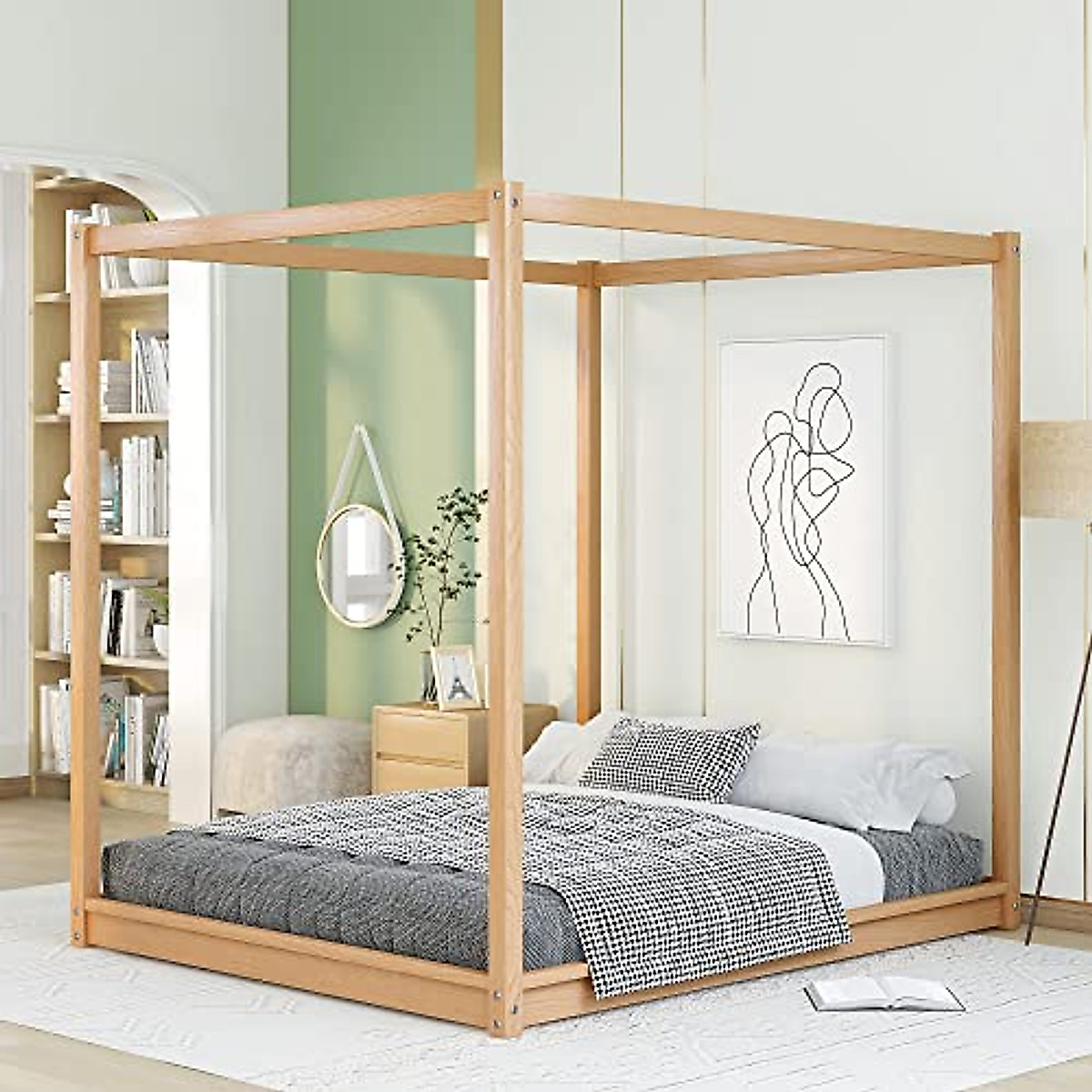 Merax Modern Queen Size Wood Canopy Bed Floor Platform Bed Frame/No Box Spring Needed/Easy Assembly, Nutural