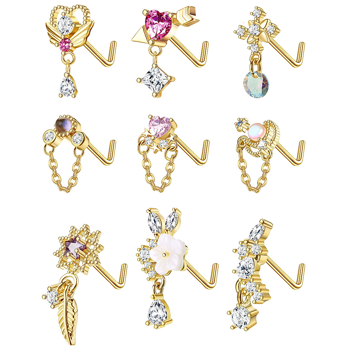 JOERICA 9 Pcs 20G Dangle Nose Rings Studs for Women Stainless Steel L Shaped Nose Studs Heart Arrow Feather Snowflake Wing CZ Dangling Nose Piercing Jewelry