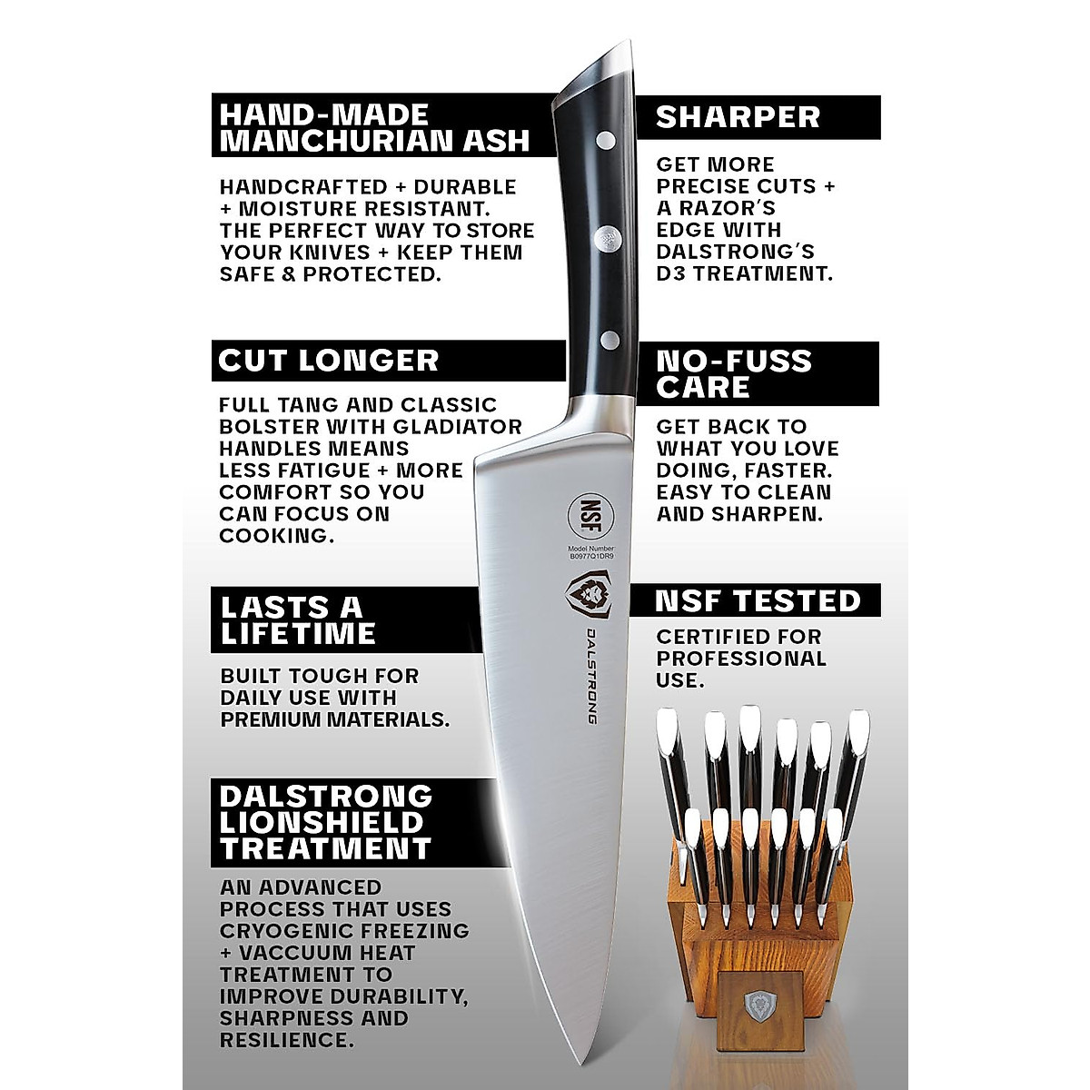 Dalstrong 12-Piece Knife Block Set - Gladiator Series Elite - Black Handles - German HC Steel - Hand-Made Manchurian Ash Wood Block - NSF Certified