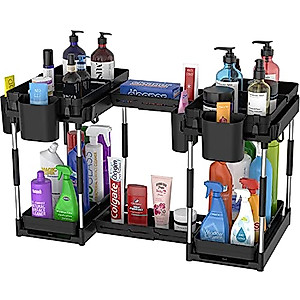 Double Sliding Under Sink Organizers and Storage - 2 Tier Pull Out Under Kitchen Cabinet Organizer w 4 Hanging Cup,8 Hooks,4 Dividers, Under Counter Sink Organization for Bathroom, Adjustable H and W