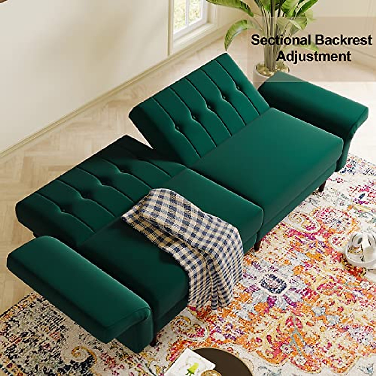 Belffin Velvet Convertible Futon Sofa Bed Memory Foam Futon Couch Sleeper Sofa Green