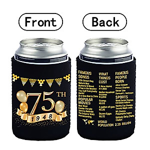 75th Birthday Can Cooler Sleeves Pack of 12-75th Anniversary Decorations- 1948 Sign - 75th Birthday Party Supplies - Black and Gold 75th Birthday Cup Coolers