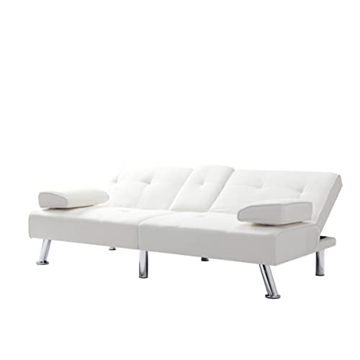Verfur Convertible Sleeper, White w/ 2 Cupholders and Removable Pillow Top Armrest