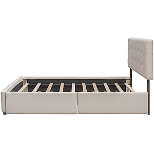 Harper & Bright Designs Upholstered Queen Size Platform Bed with 2 Storage Drawers and 1 Twin XL Trundle, Wood Queen Storage Bed with Linen Fabric for Bedroom Guestroom (Queen, Beige)