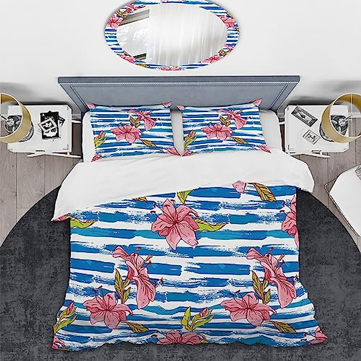 DESIGN ART Designart 'Blue and Red Grunge Striped' Patterned Duvet Cover Set Full - Queen