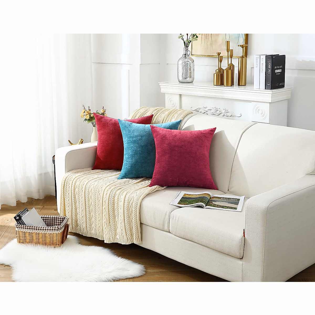 Jeneoo Decorative Fuschia Pink Throw Pillow Covers Rustic Farmhouse Super Soft Square Chenille Comfy Solid Cushion Couch Cases for Sofa Bedroom Chair (Set of 2, 18 x 18 Inches)