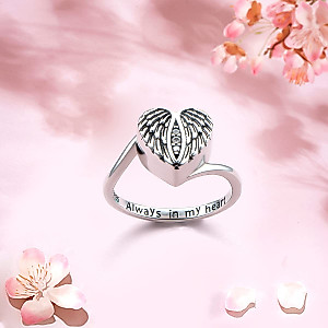 925 Sterling Silver Angel Wings Urn Heart Ring Hold Loved Ones Ashes Always in My Heart Keepsake Memorial Jewelry Cremation Rings for Women（8）