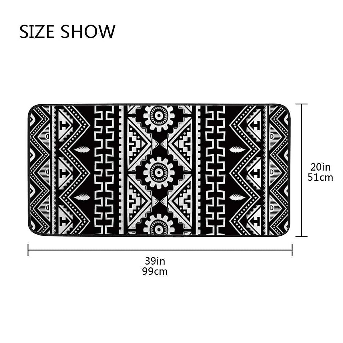 Kitchen Rug Mat Black Ethnic Boho Style Non-Slip Absorbent Runner Rug for Kitchen Floor, Entryway, Hallway and Dining Room, Machine Washable Carpet