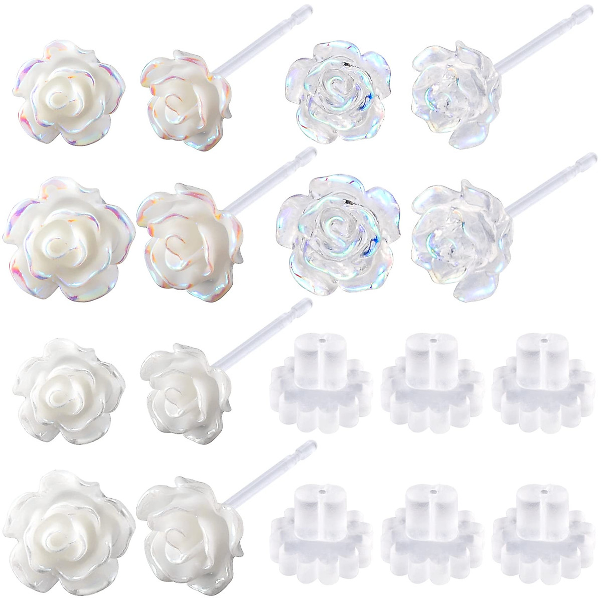 HINZIC 6 Pairs 6mm 8mm Plastic Clear Earrings 3D Rose Earrings Stud Post Hypoallergenic for Sensitive Ears Women Teen Girls Valentines Wedding Prom Mothers Day Gift