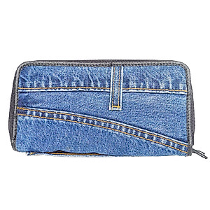 Bijoux de Ja Women Blue Denim Money Double Zipper Around Accordion Wallet Wristlet Purse Clutch DMW015
