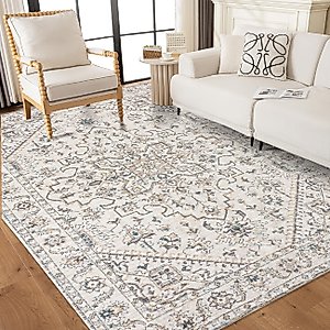 GATWOBR Washable Area Rugs 8x10 :Beige Large Living Room Bedroom Rug - Vintage Soft Indoor Floor Carpet with Non-Slip Rubber Backing for Dining Room Under Table Home Office
